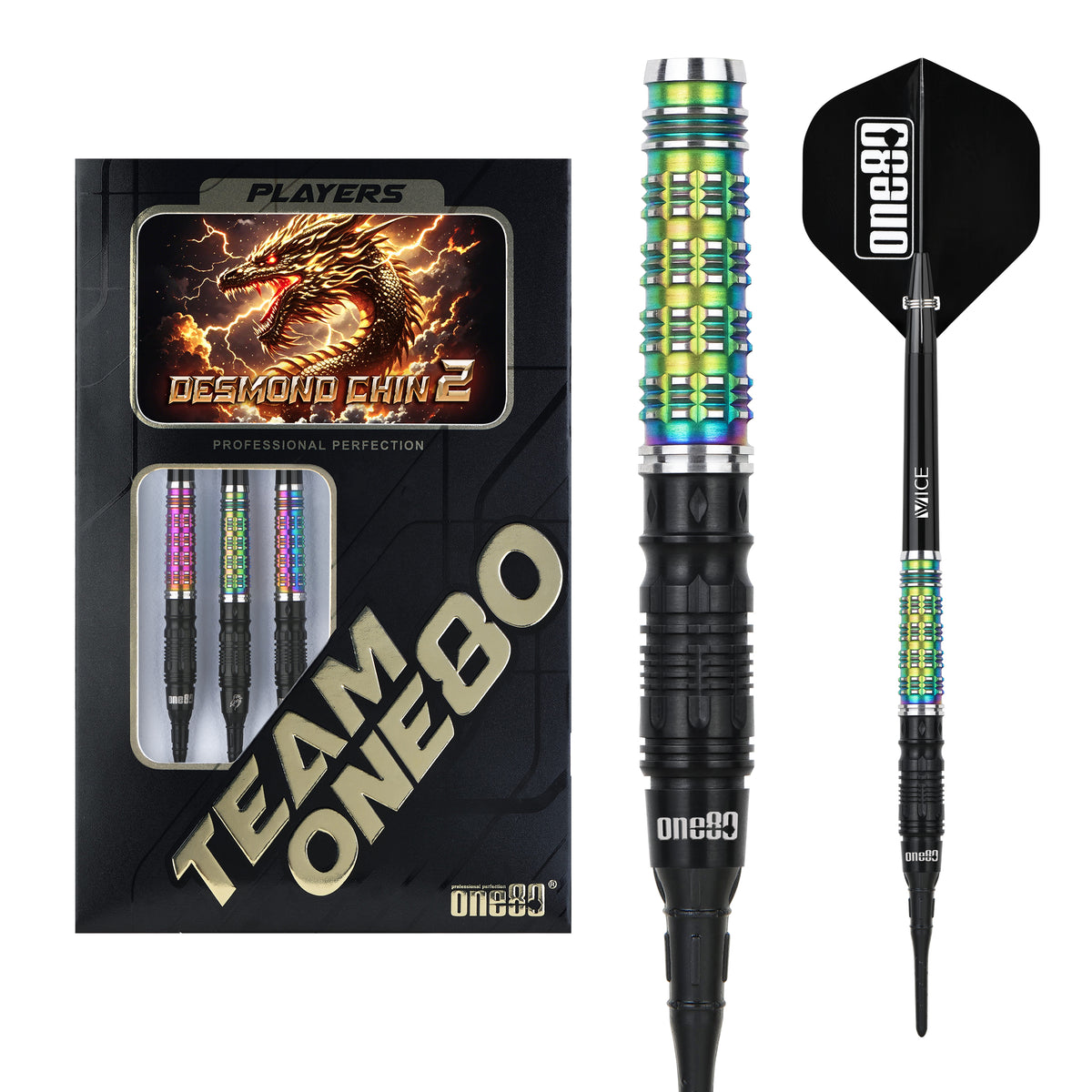 One80 Desmond Chin Darts - Soft Tip - 90% Tungsten - V2 - Black & Rain
