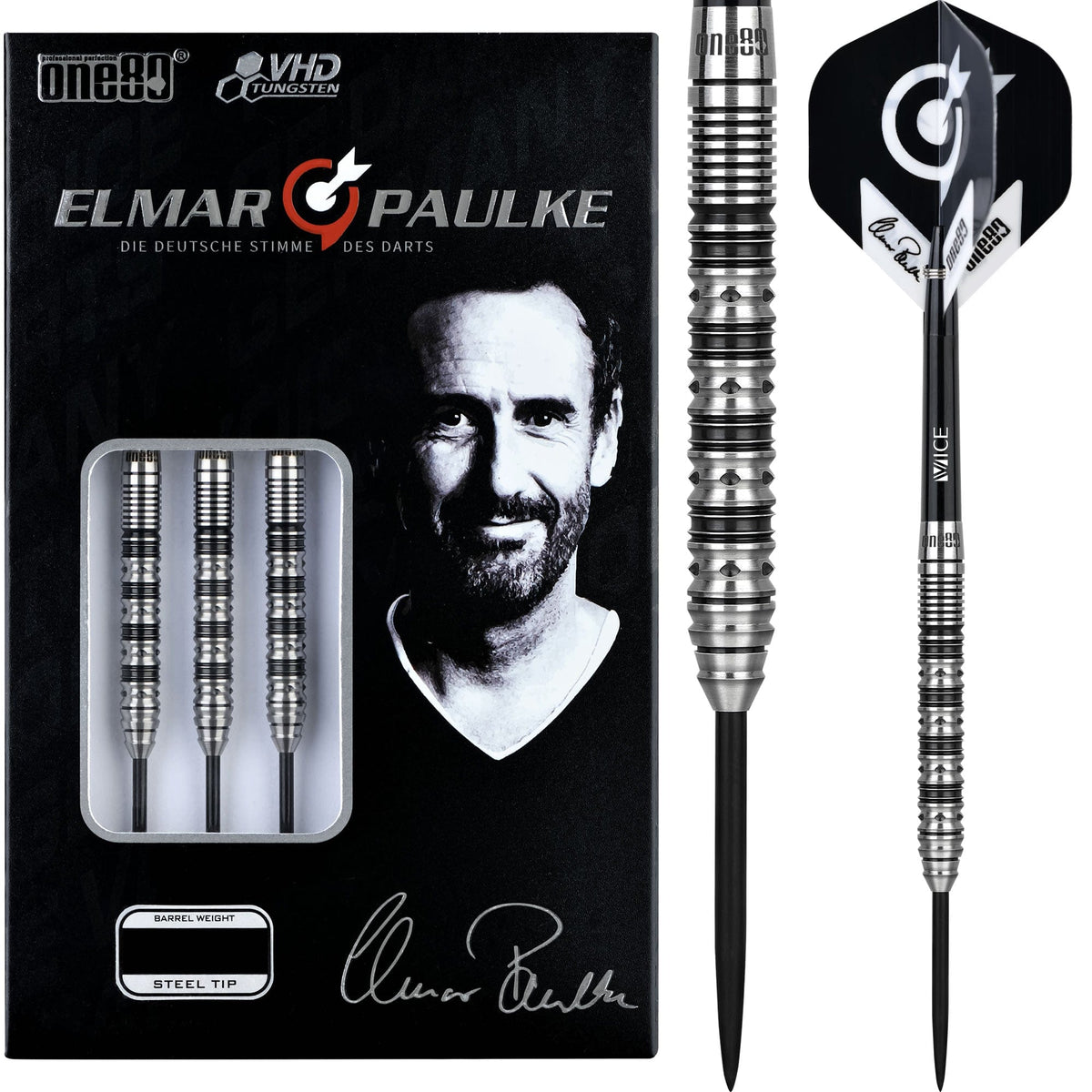 *One80 Elmar Paulke Darts - Steel Tip - V2 - Black & Silver